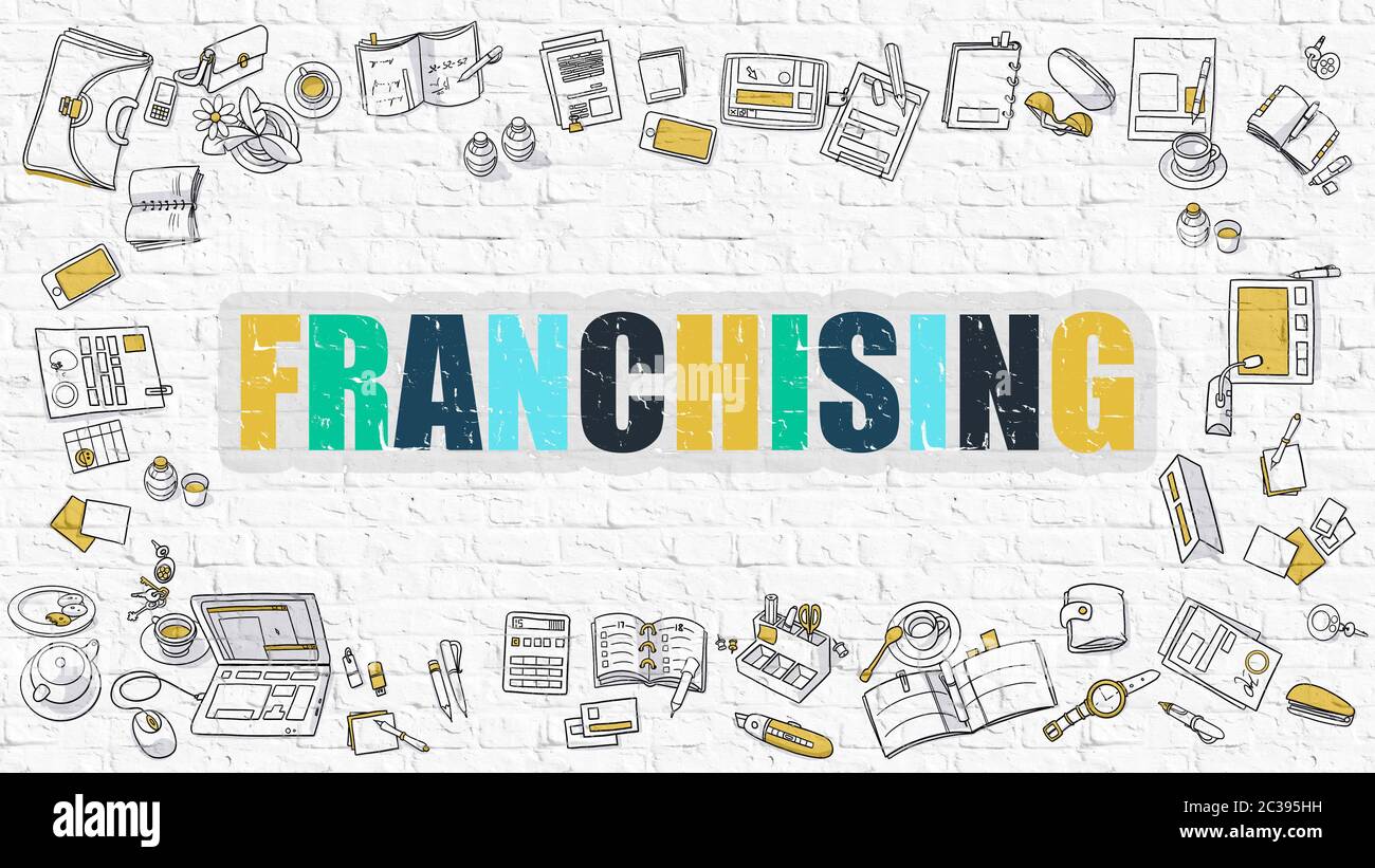 Franchising. Multicolor Inscription on White Brick Wall with Doodle ...