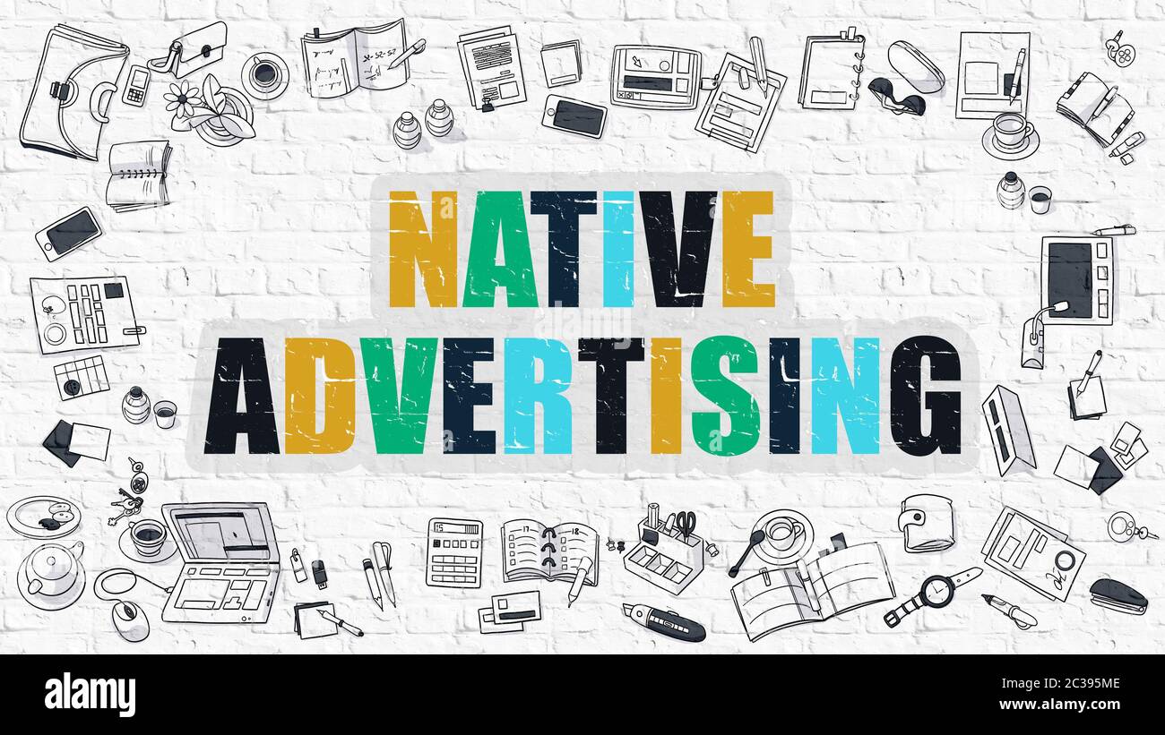 Native Advertising. Multicolor Inscription on White Brick Wall with ...