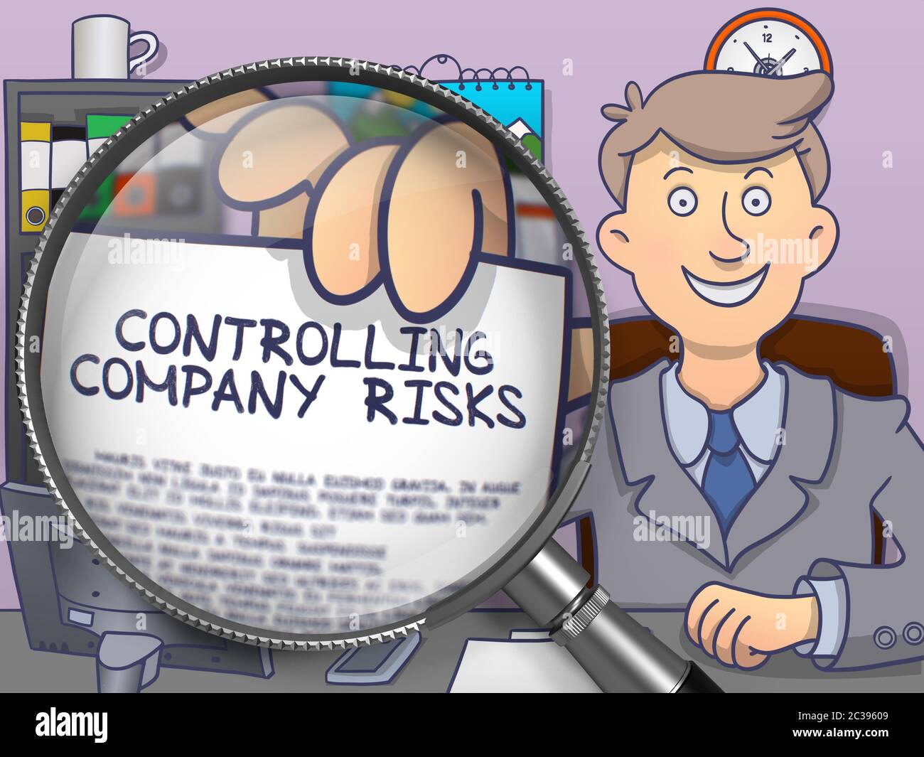 Controlling Company Risks through Magnifier. Business Man Shows Paper ...