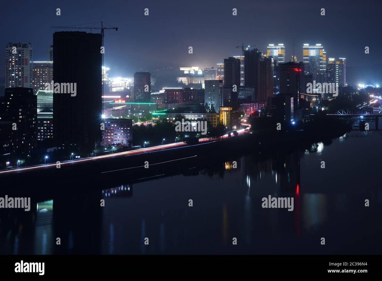 Pyongyang, North Korea - May 2, 2019: Night view on the modern ...