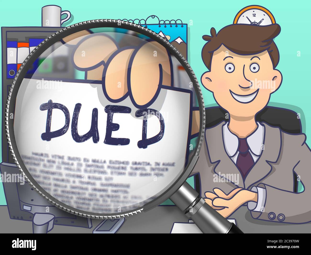 DUED. Paper with Concept in Businessman's Hand through Magnifier ...