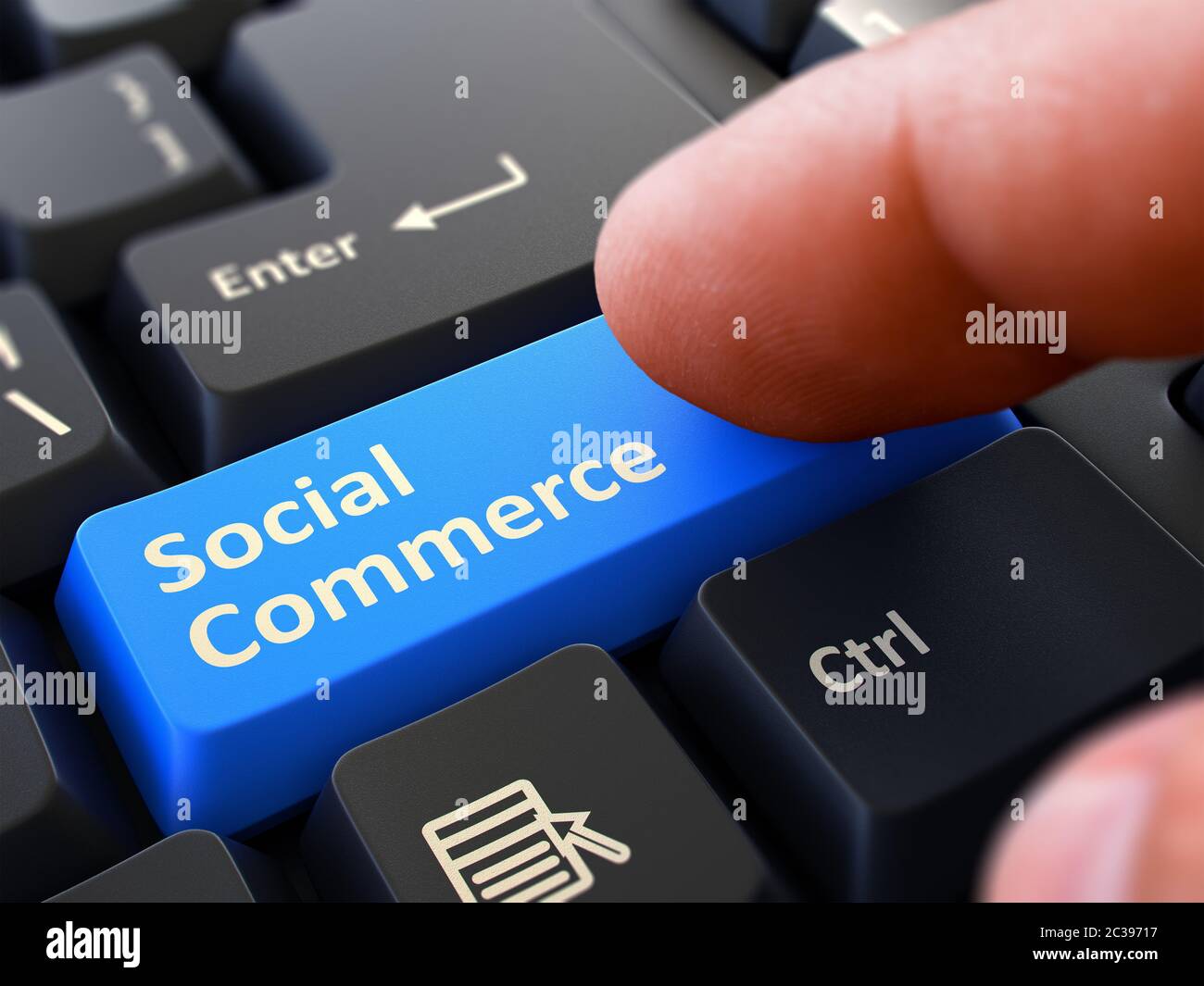 Person Click on Blue Keyboard Button with Text Social Commerce ...