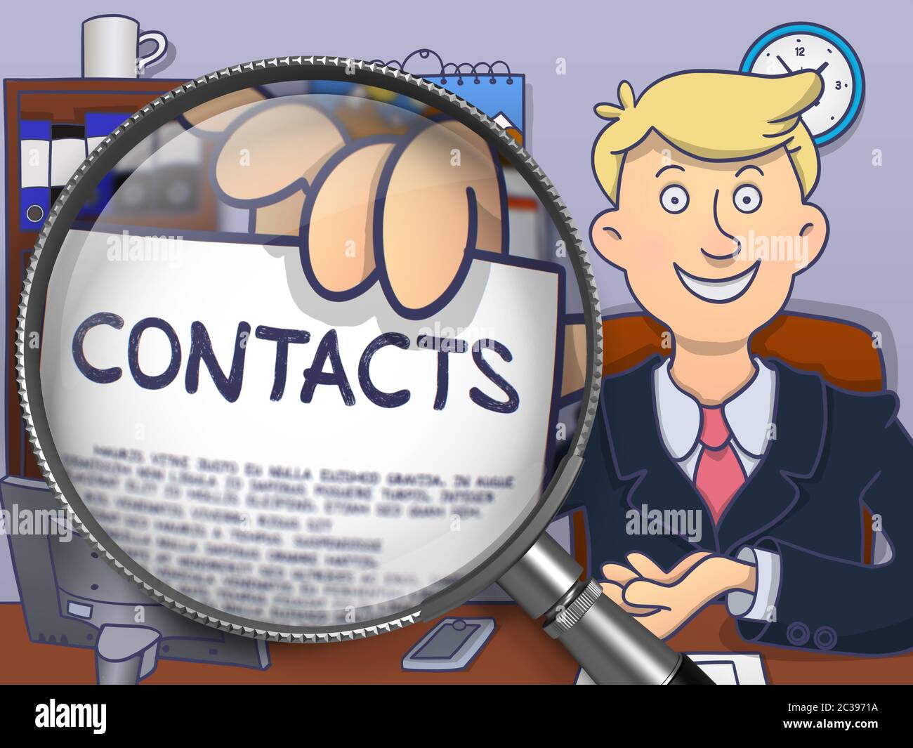 Contacts through Magnifier. Businessman Showing a Concept on Paper ...