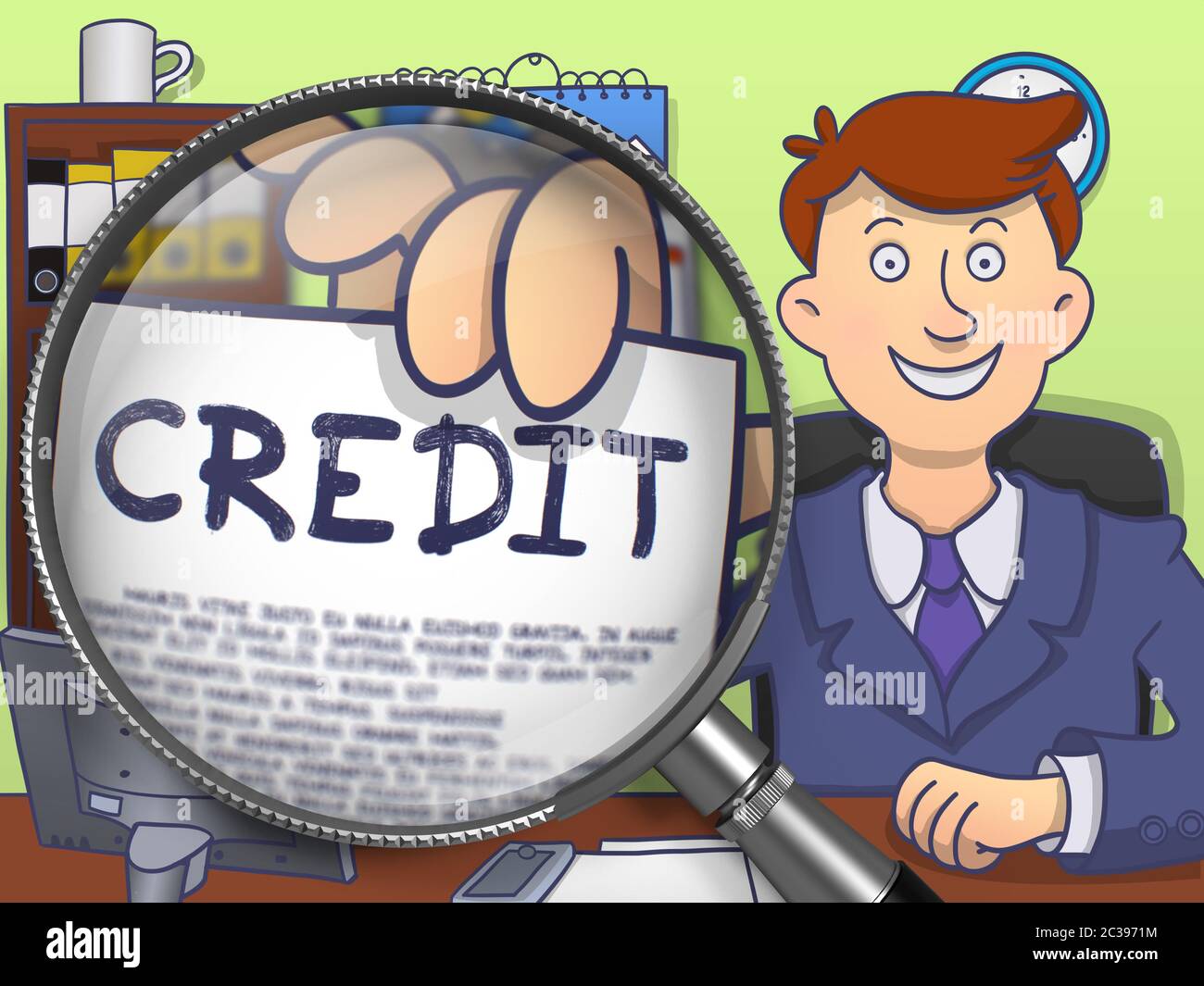 Credit. Business Man Sitting in Offiice and Holding a through Lens ...