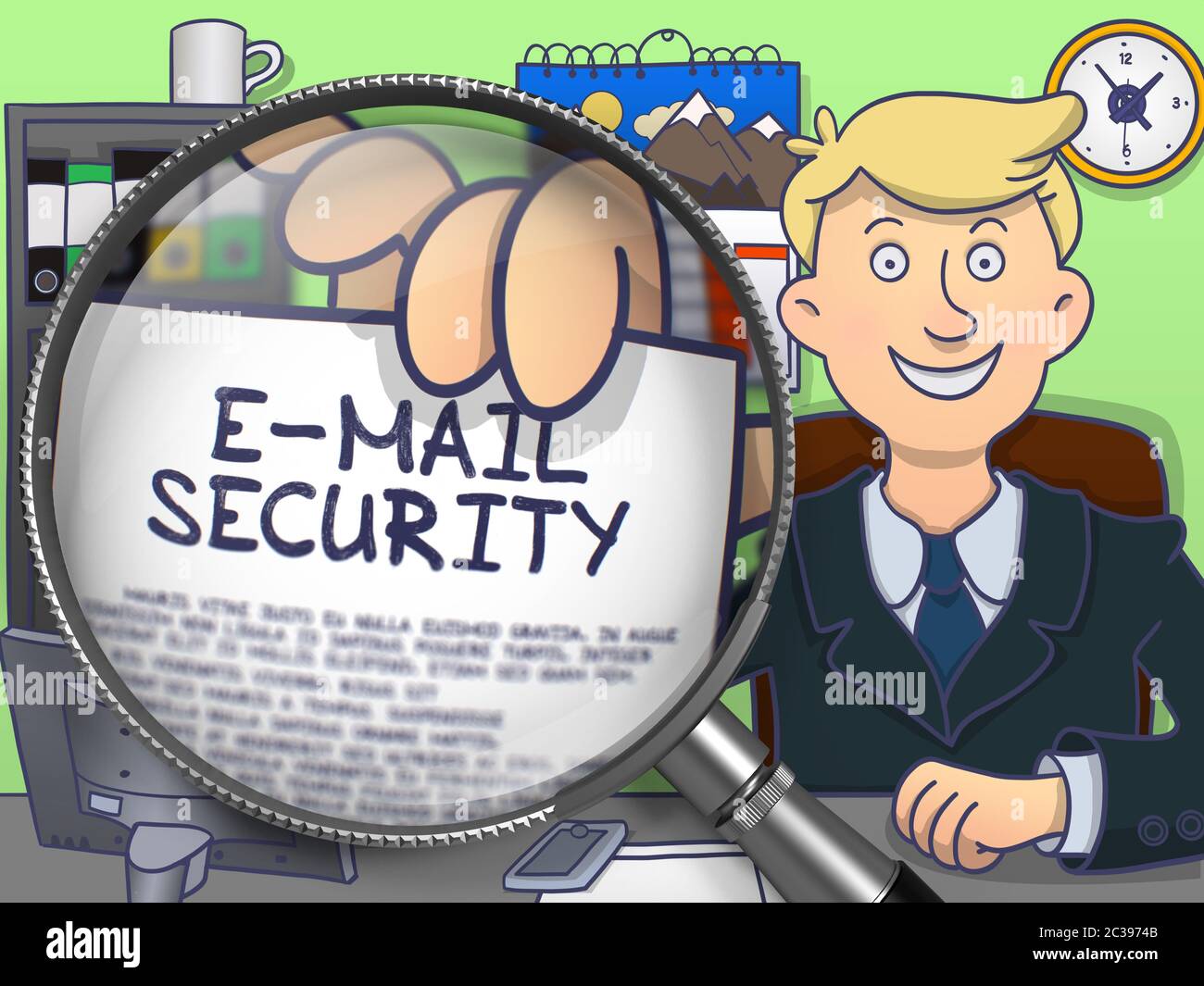 E-Mail Security through Magnifier. Man Showing a Text on Paper. Closeup ...