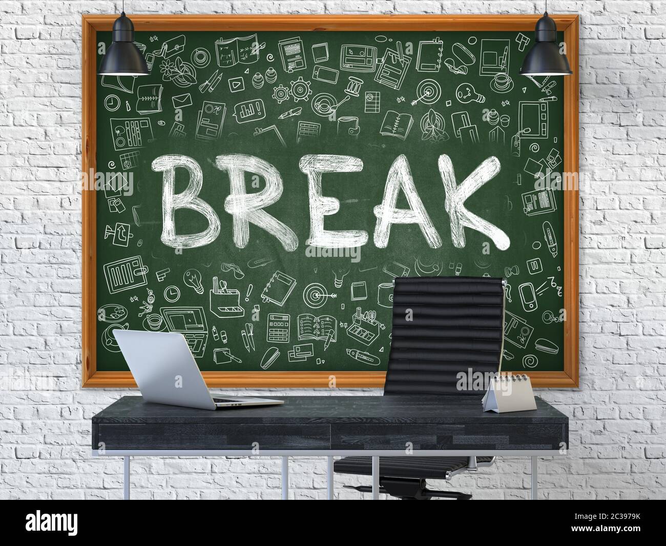 Hand Drawn Break on Green Chalkboard. Modern Office Interior. White ...