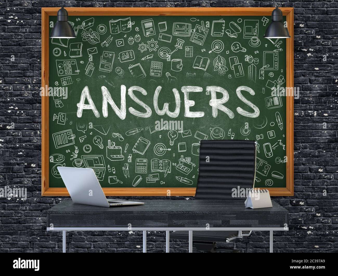 Answers Concept Handwritten on Green Chalkboard with Doodle Icons ...