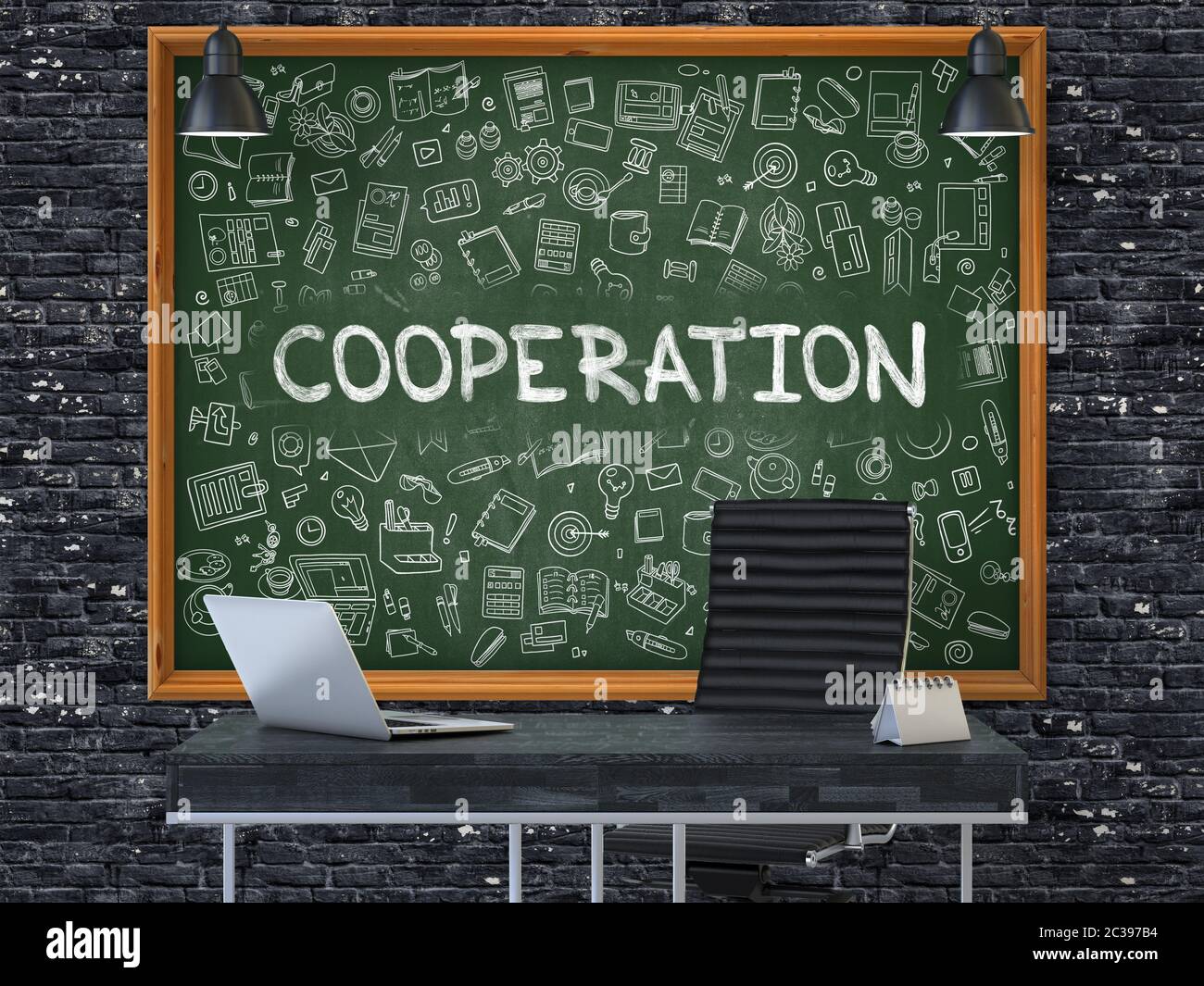 Cooperation Concept Handwritten on Green Chalkboard with Doodle Icons ...
