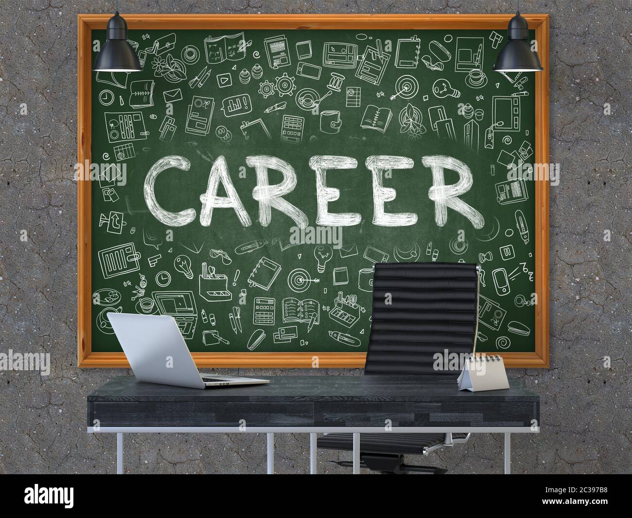 Hand Drawn Career on Green Chalkboard. Modern Office Interior. Dark Old ...