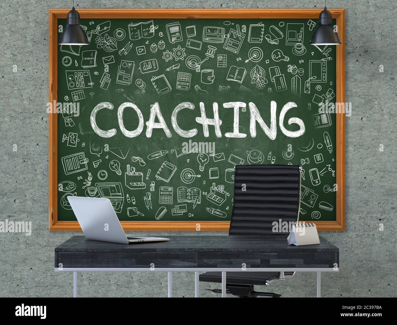 Coaching - Hand Drawn on Green Chalkboard in Modern Office Workplace ...