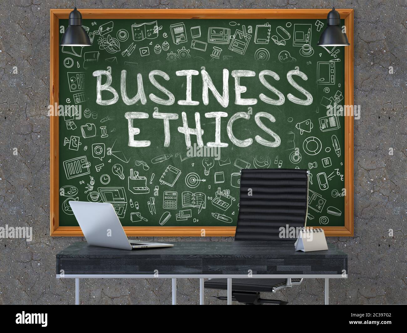 Business Ethics - Hand Drawn on Green Chalkboard in Modern Office ...