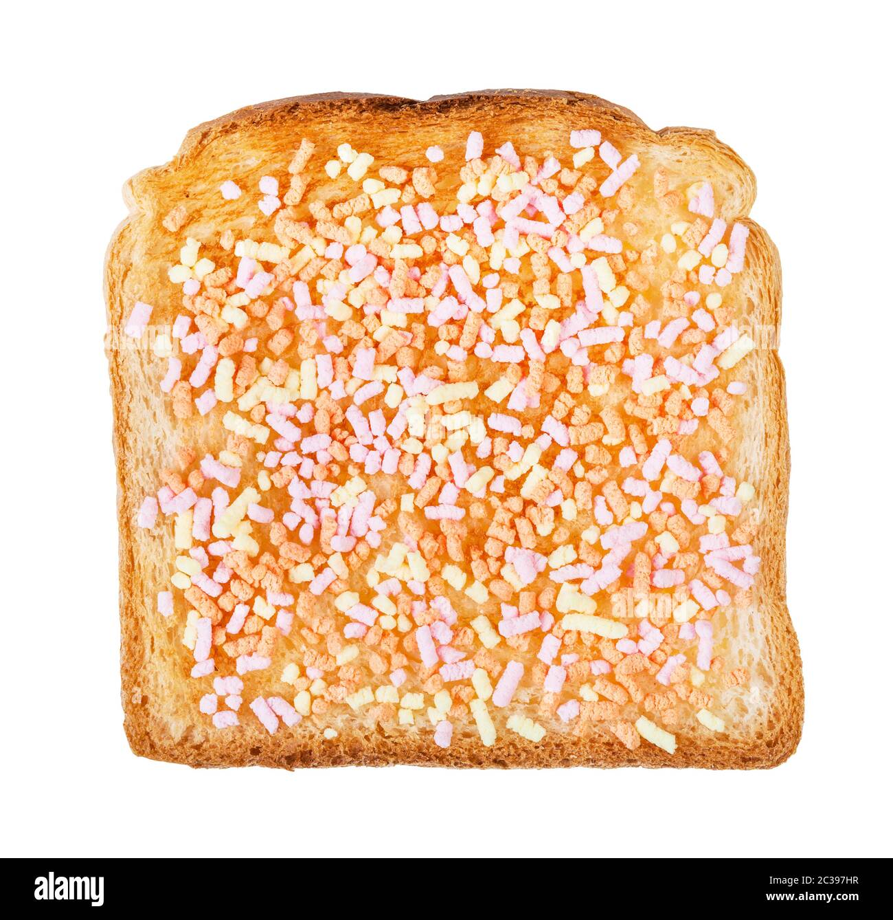 top view of dutch sweet open sandwich with toast and fruithails (sugar ...