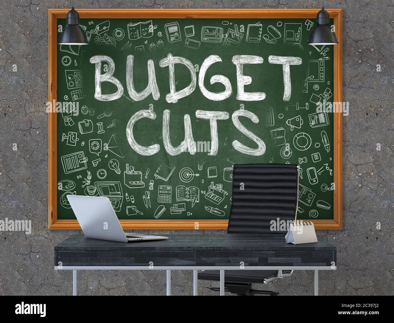 Hand Drawn Budget Cuts on Green Chalkboard. Modern Office Interior ...