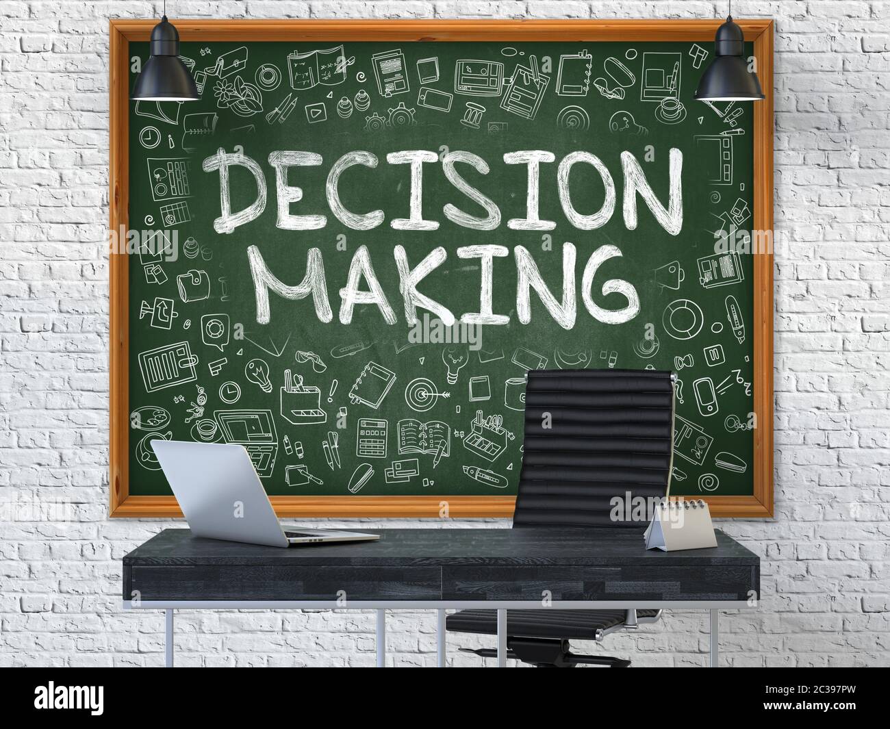 Green Chalkboard with the text Decision Making Hangs on the White Brick ...