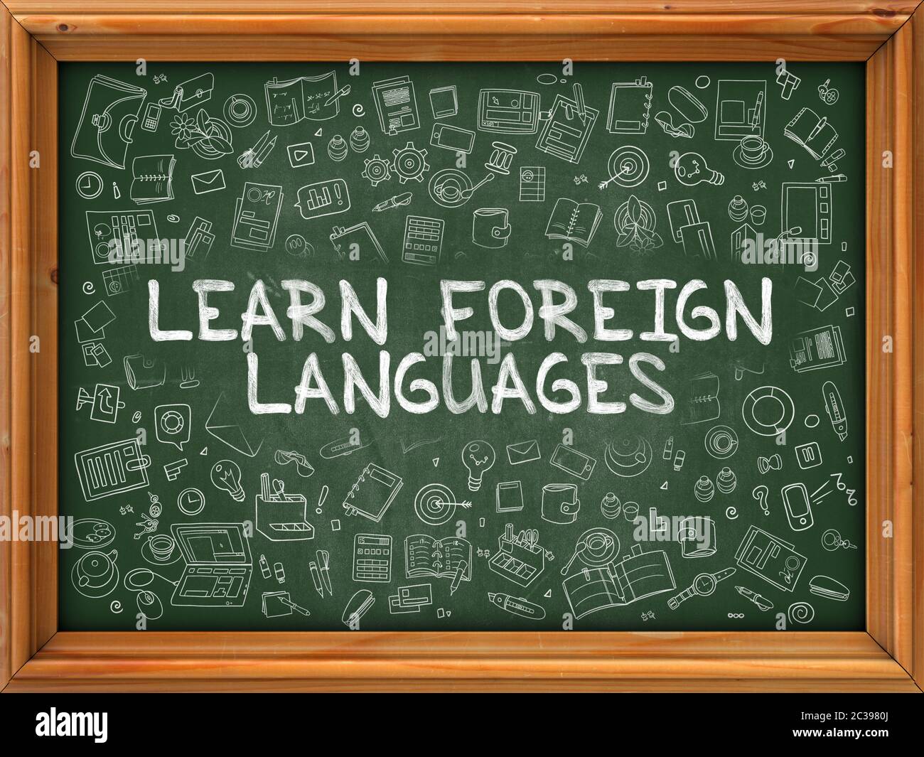 Learn Foreign Languages - Hand Drawn on Green Chalkboard with Doodle ...