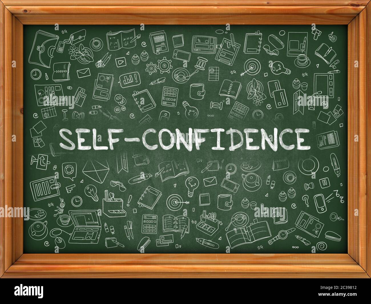 Hand Drawn Self-Confidence on Green Chalkboard. Hand Drawn Doodle Icons ...