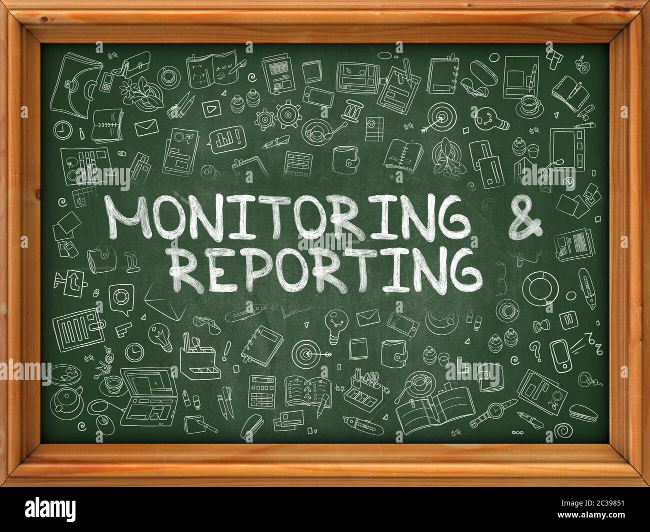 Hand Drawn Monitoring and Reporting on Green Chalkboard. Hand Drawn ...