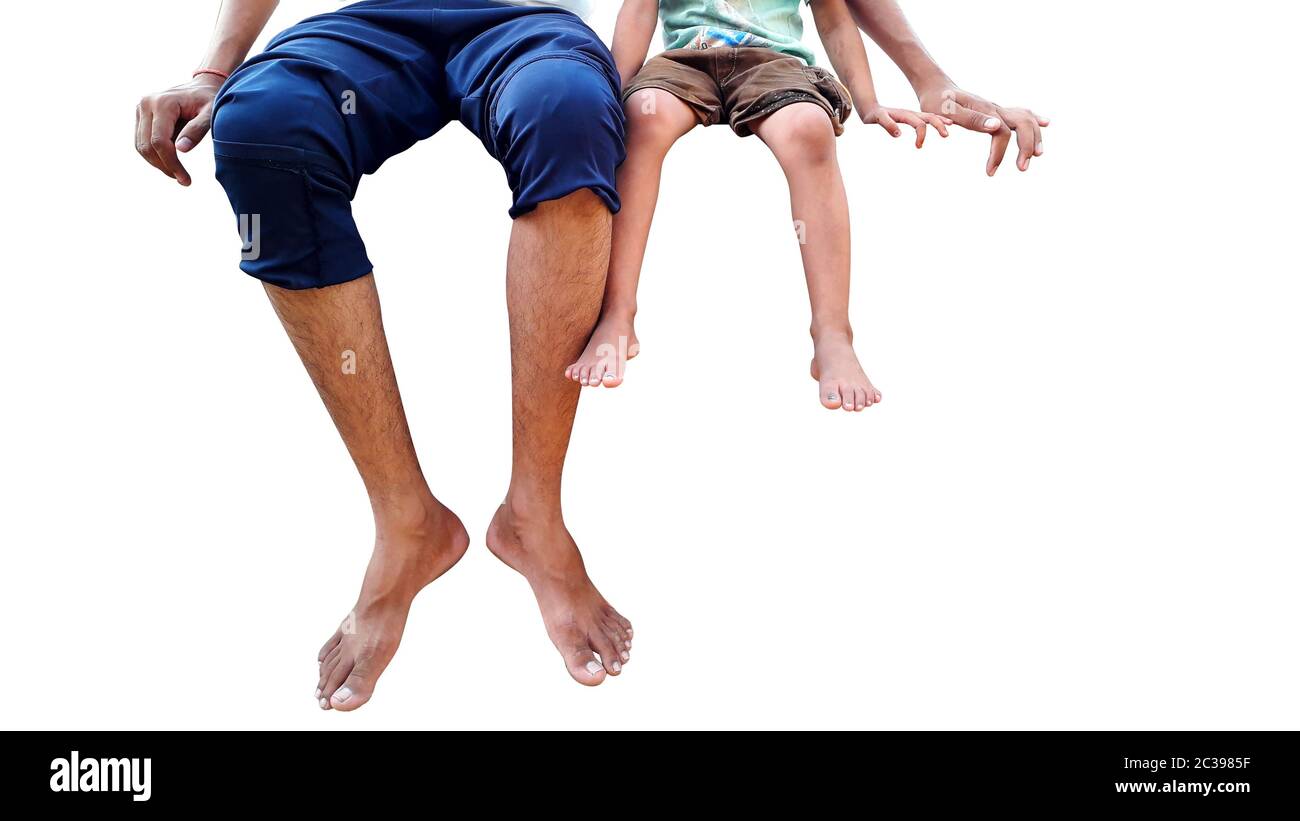 Father and daughter sitting and hanging feet outdoor isolated image ...