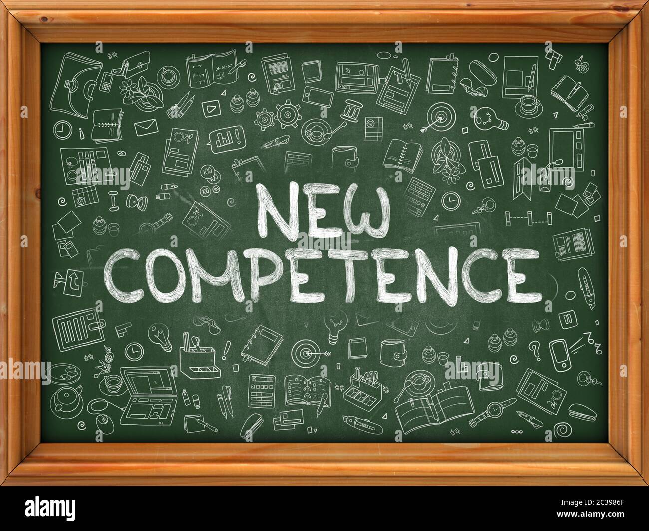 Hand Drawn New Competence on Green Chalkboard. Hand Drawn Doodle Icons ...