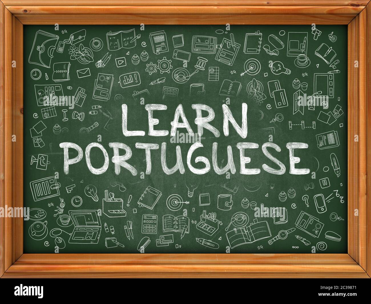 Hand Drawn Learn Portuguese on Green Chalkboard. Hand Drawn Doodle ...