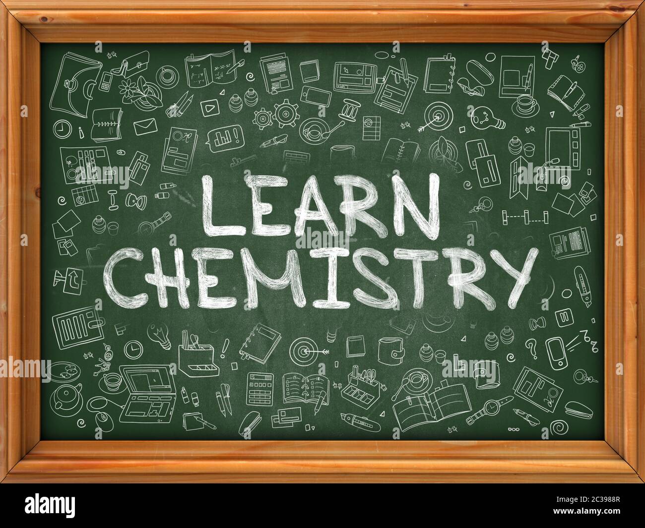 Hand Drawn Learn Chemistry on Green Chalkboard. Hand Drawn Doodle Icons ...