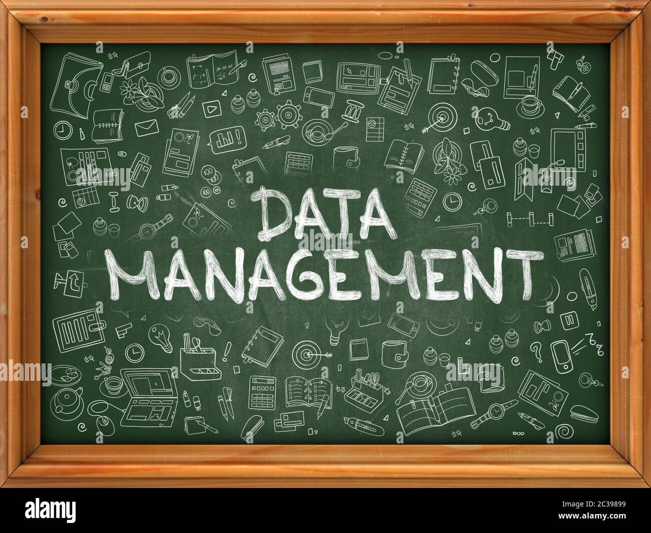 Green Chalkboard with Hand Drawn Data Management with Doodle Icons ...