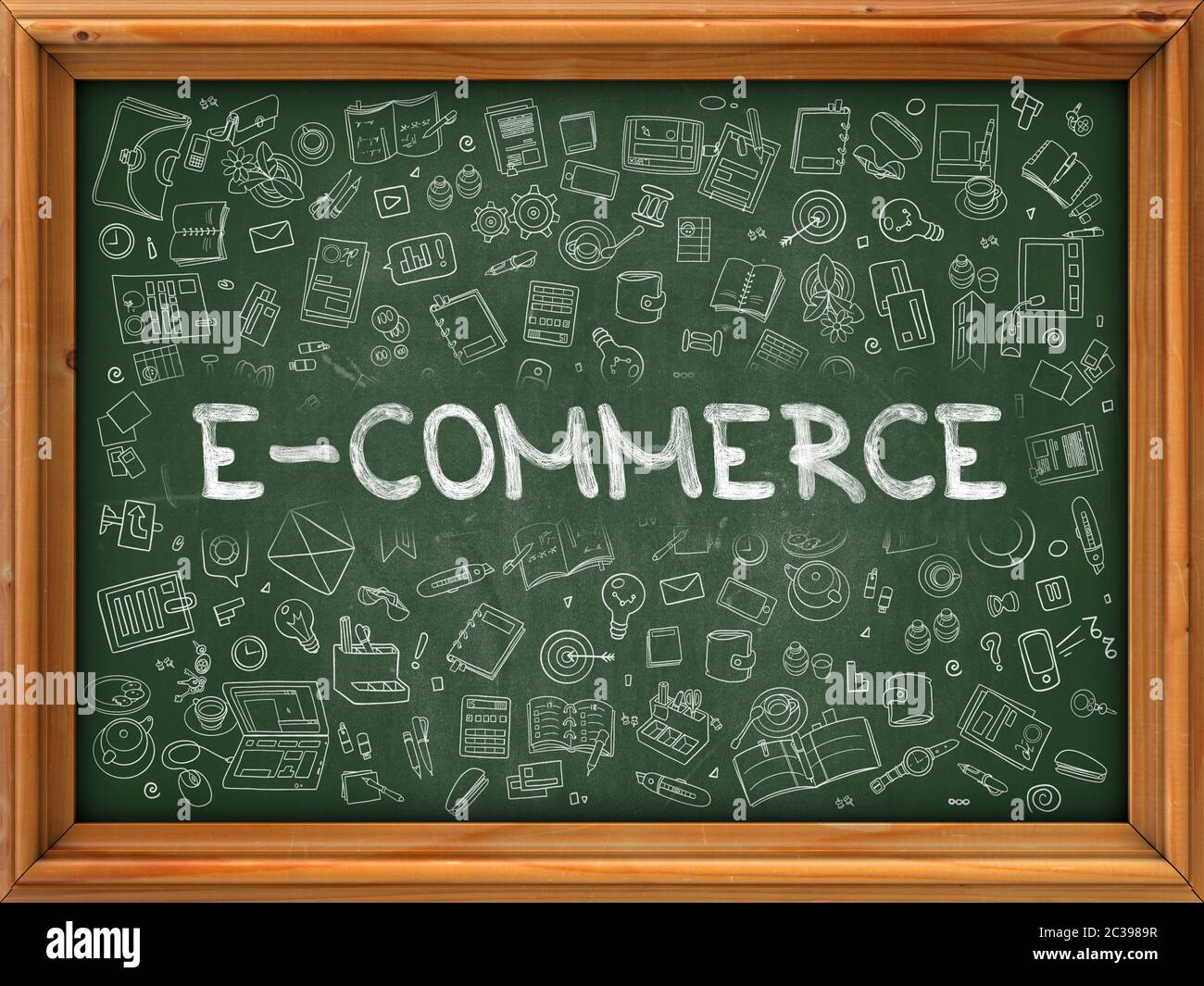 Hand Drawn E-Commerce on Green Chalkboard. Hand Drawn Doodle Icons ...