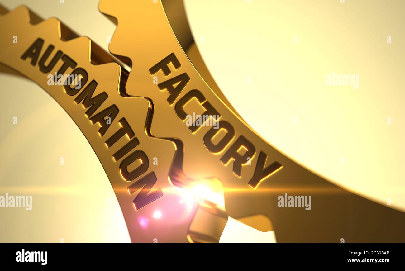 Golden Metallic Cog Gears with Factory Automation Concept. Factory ...