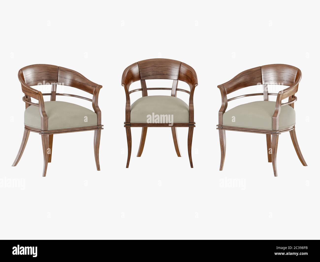 Three chair with wooden armrests 3D rendering Stock Photo - Alamy