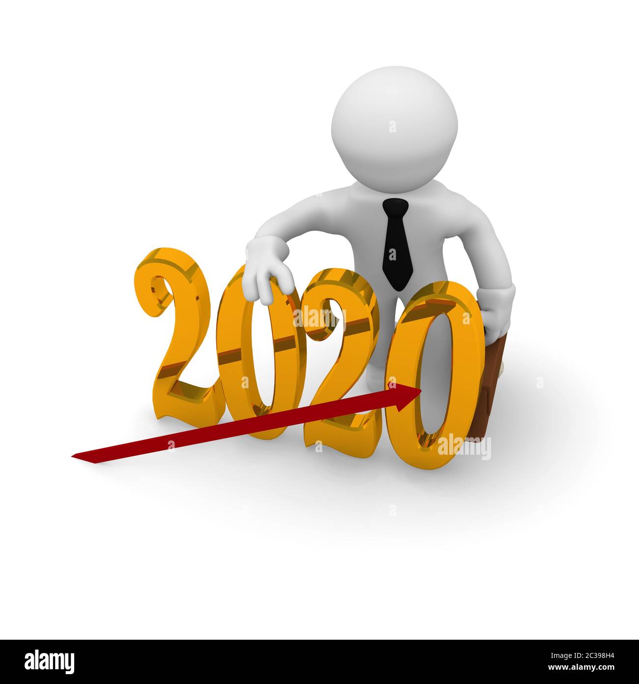 Small businessman with an upswing arrow and the number 2020, 3d ...