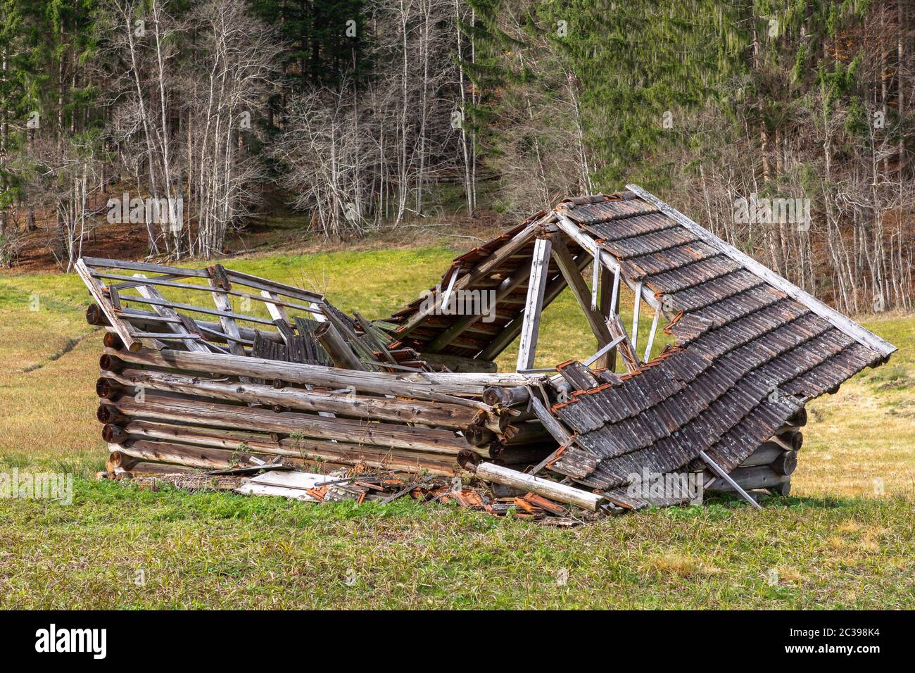 Collapsed hut at Lake Barmsee, Bavaria, Germany Stock Photo - Alamy