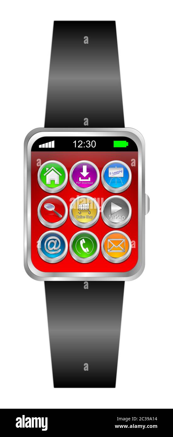Smartwatch with different function Buttons on red display - 3D ...