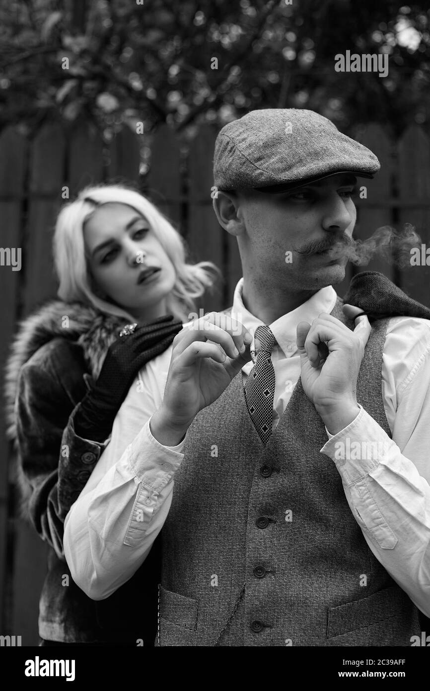 Portrait of a beautiful couple in vintage style. Retro style, classic ...