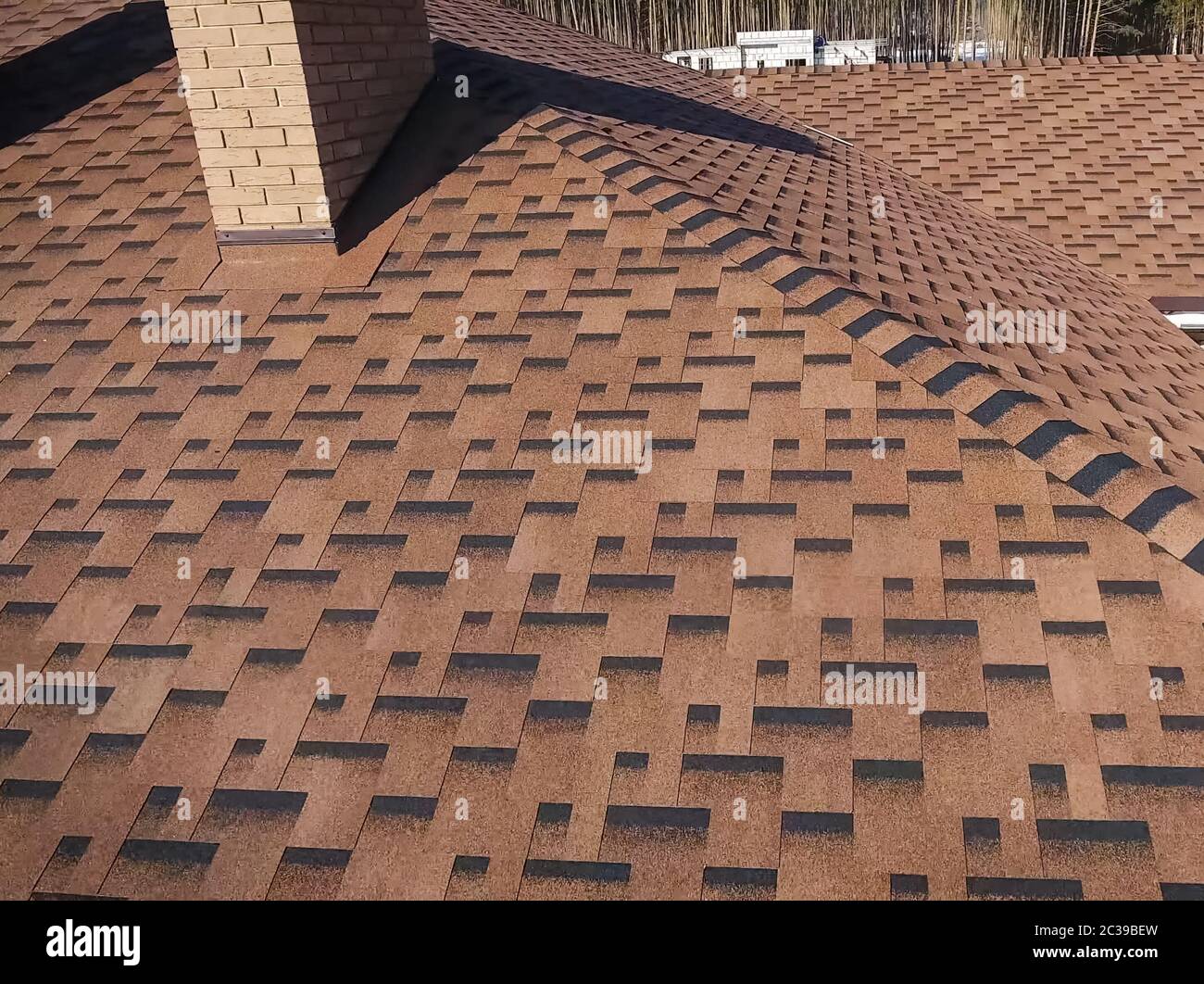 House with a roof from a bituminous tile. Bituminous tile for a roof. a ...