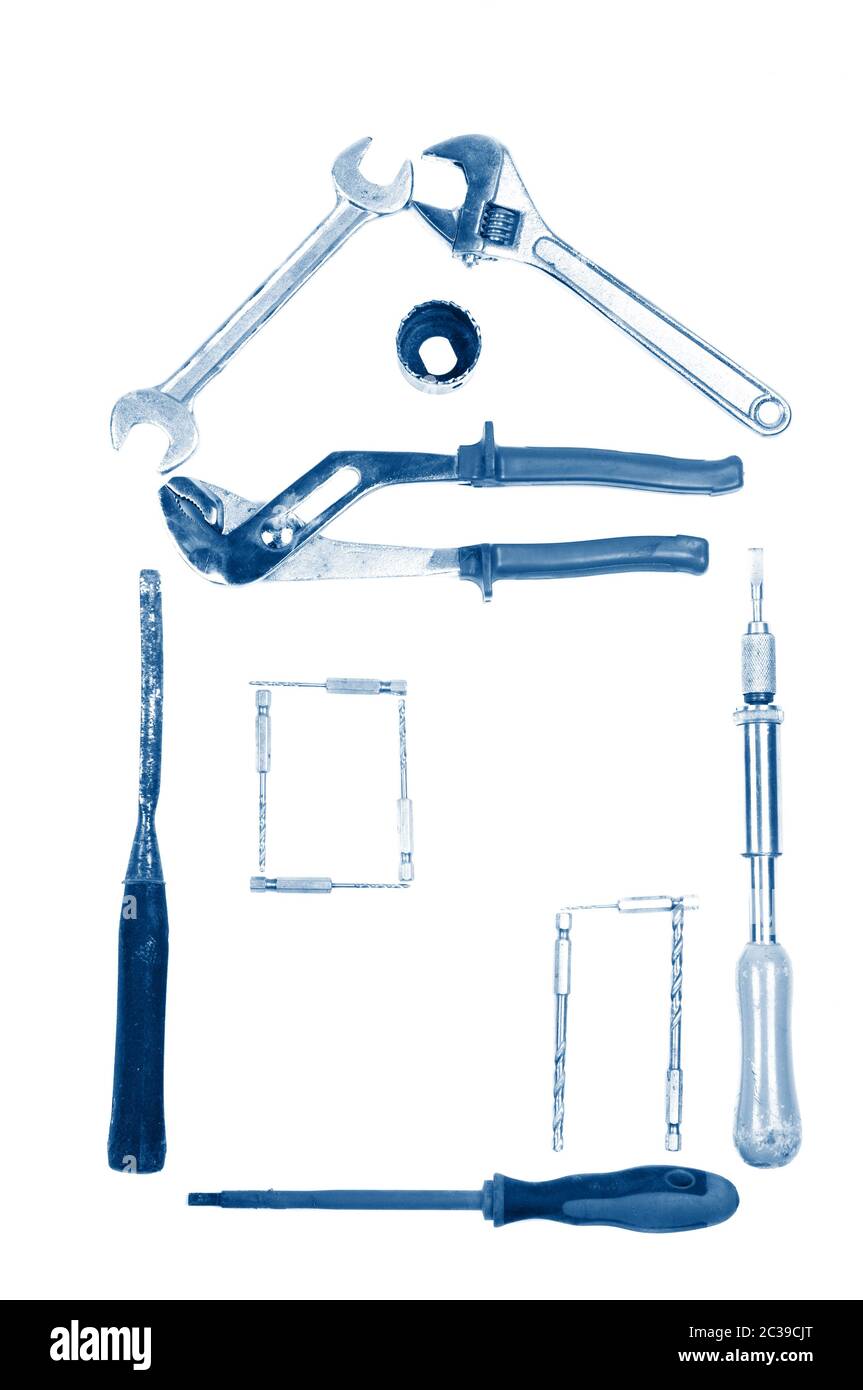 Shot of conceptual photo with building tools. In trendy classic blue ...
