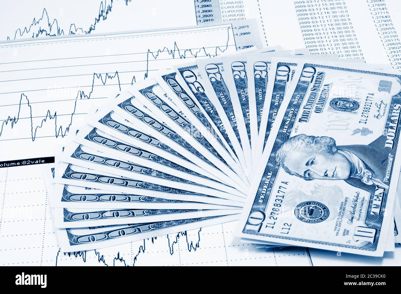 Dollars with graphics and diagrams. In trendy classic blue colors Stock ...