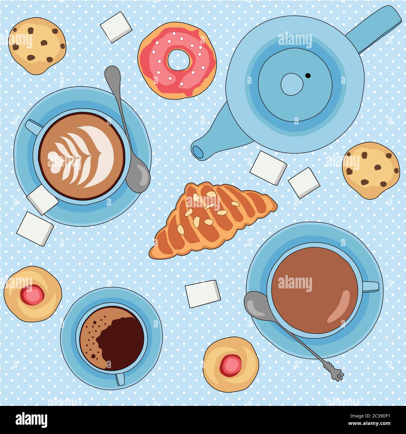 Seamless vector pattern with tea and coffee cups, cookies and pastry ...