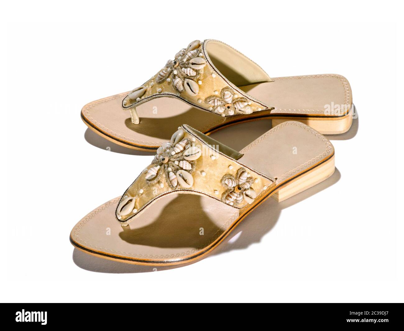 handmade sandals flip flops decorated with shells isolated on white ...