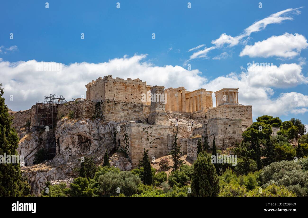 Athens, Greece. Acropolis rock and Propylaea gate, view from Areopagus ...