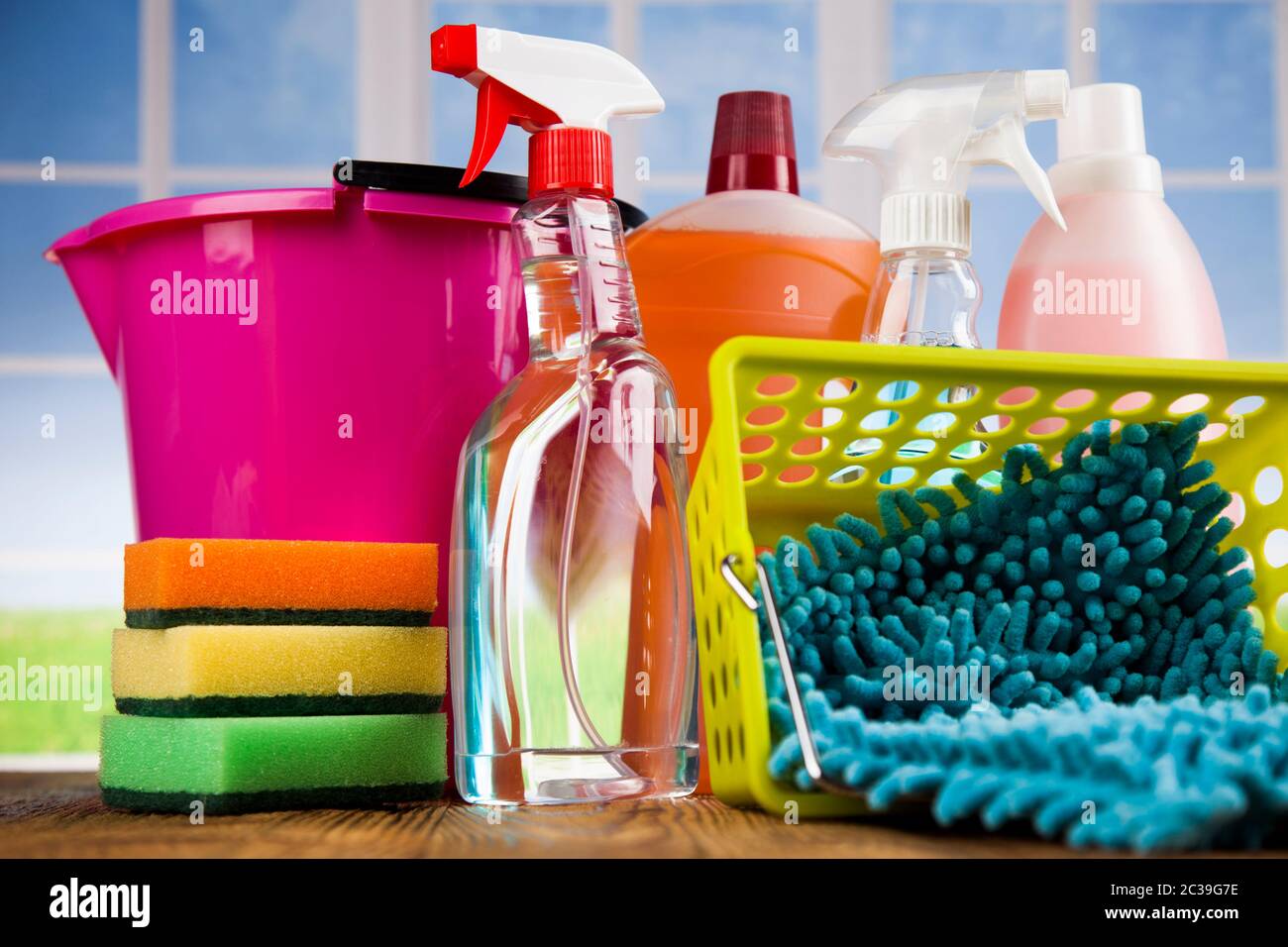 Assorted cleaning products, equipment background Stock Photo - Alamy