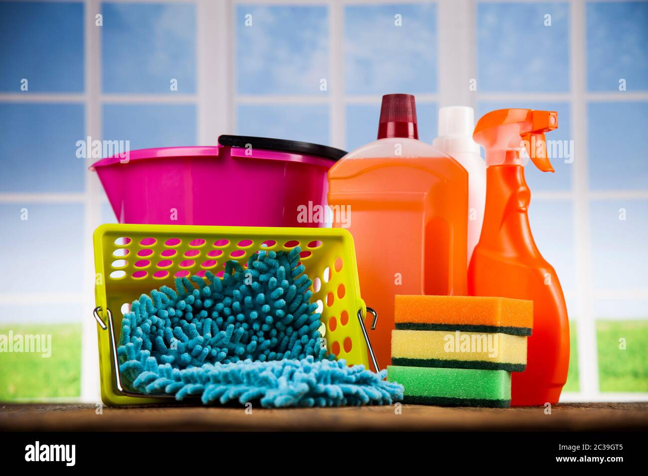 Cleaning Equipment and window background Stock Photo - Alamy