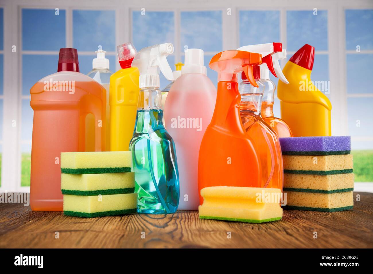 Assorted cleaning products, equipment background Stock Photo - Alamy