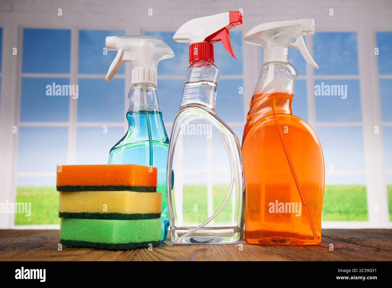 Cleaning Equipment and window background Stock Photo - Alamy