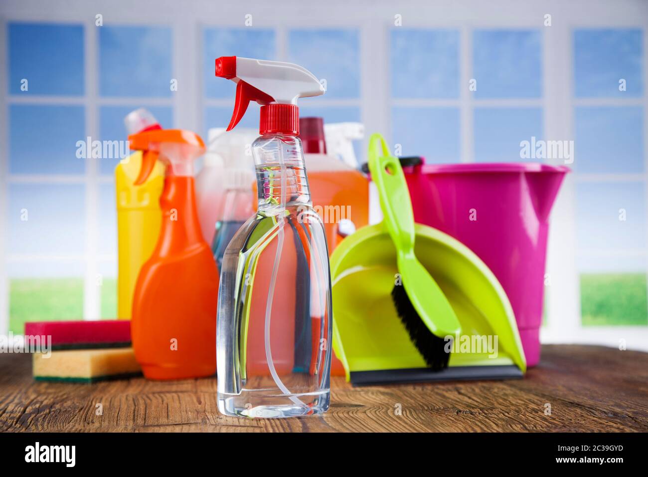 Assorted cleaning products, equipment background Stock Photo - Alamy