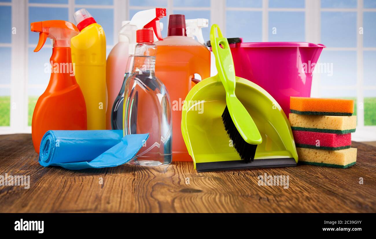 Cleaning Equipment and window background Stock Photo - Alamy