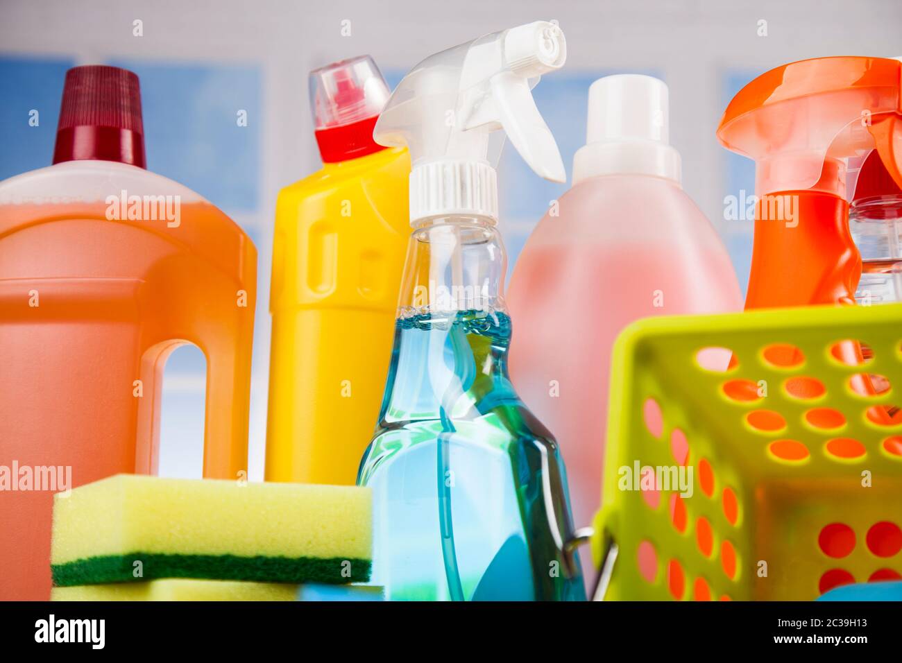 Assorted cleaning products, equipment background Stock Photo - Alamy