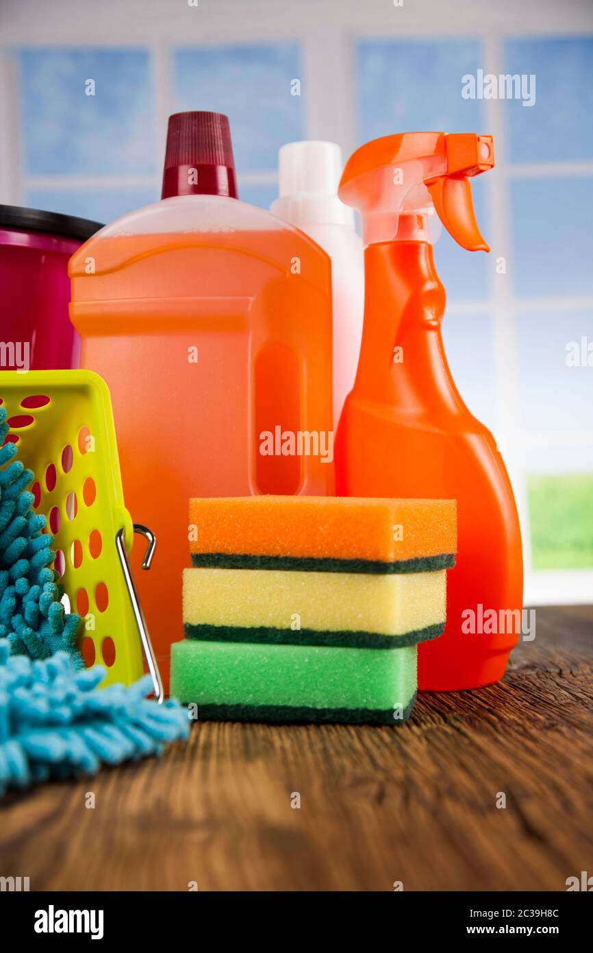 Cleaning Equipment and window background Stock Photo - Alamy