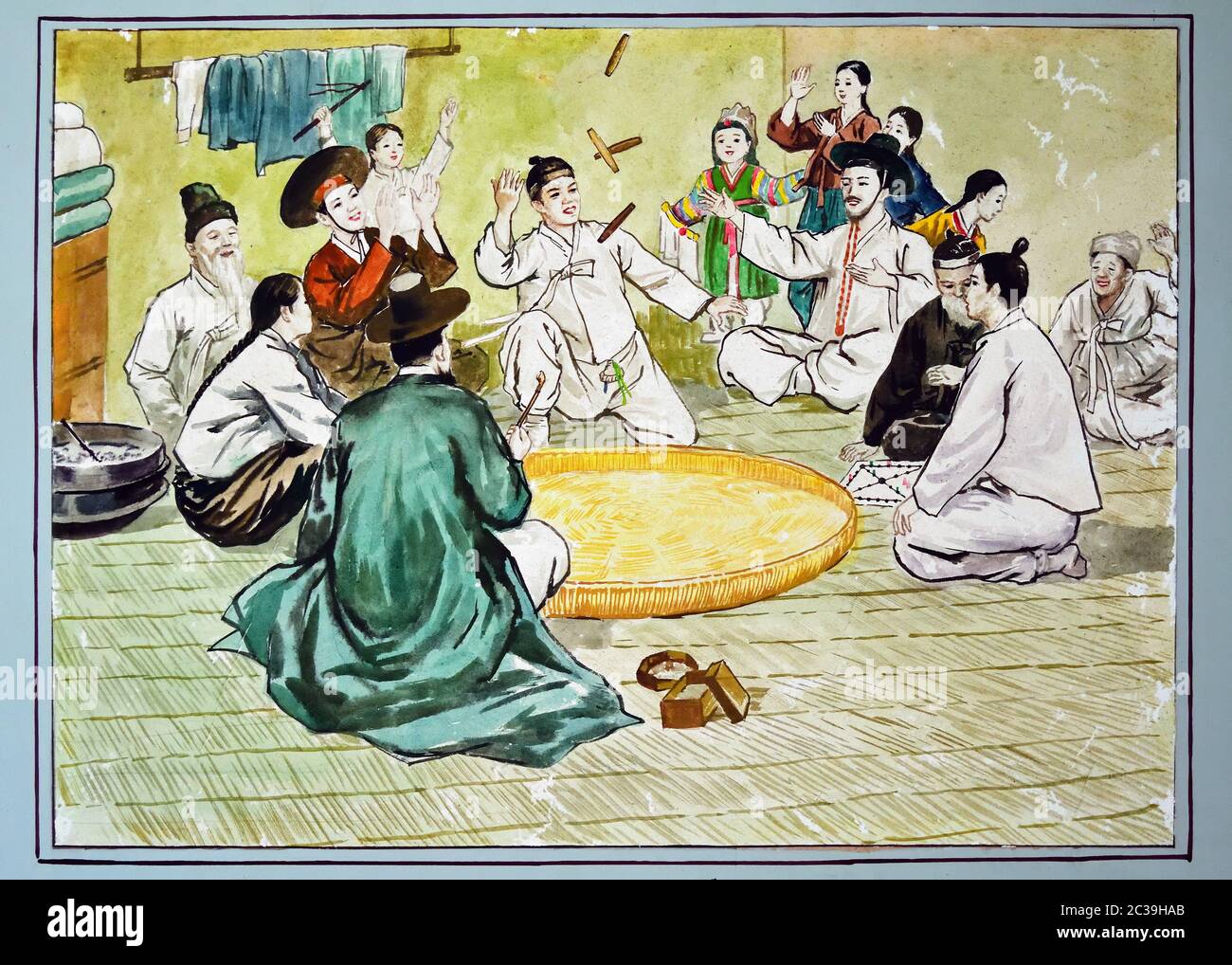 Kaesong, North Korea - May 5, 2019: Drawing depicting family playing ...