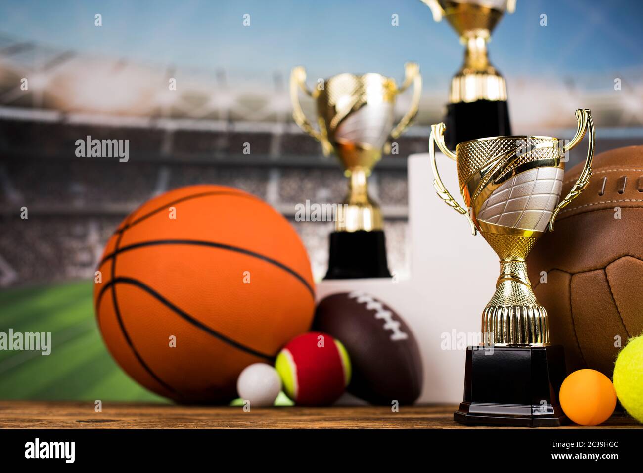 Podium for sports awards, equipment and balls Stock Photo - Alamy