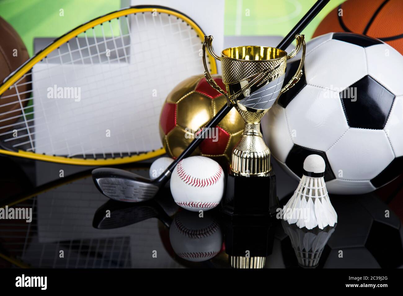 Podium for sports awards, equipment and balls Stock Photo - Alamy